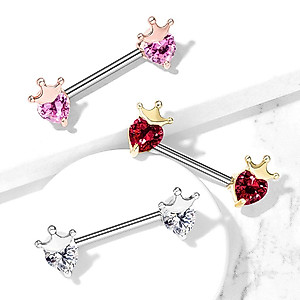 CZ Crystal Heart with Crown Nipple Barbells, Sold as Pair (Gold Tone/Red)