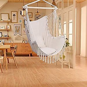 Hanging Rope Hammock Chair, Lace Swing Chair with 2 Seat Cushions & Installation Kit, Max 330 Lbs, for Indoor Outdoor Garden Yard Theme Decoration (Beige)