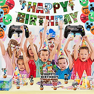 Pixel Themed Birthday Party Supplies, Pixel Style Birthday Banner, Gamer Balloons, Pixel Cake and Cupcake Toppers for Boys Miner Video Game Theme Party Decorations
