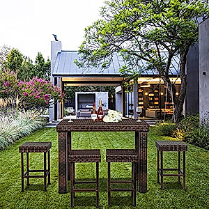Patio Bar Set,Wicker Outdoor Table and 4 Bar Stools,5 Piece Patio Furniture Bar Set PE Wicker Patio Furniture Outdoor Bar Set for Poolside,Backyard,Garden,Porches (Brown-5 Pcs)
