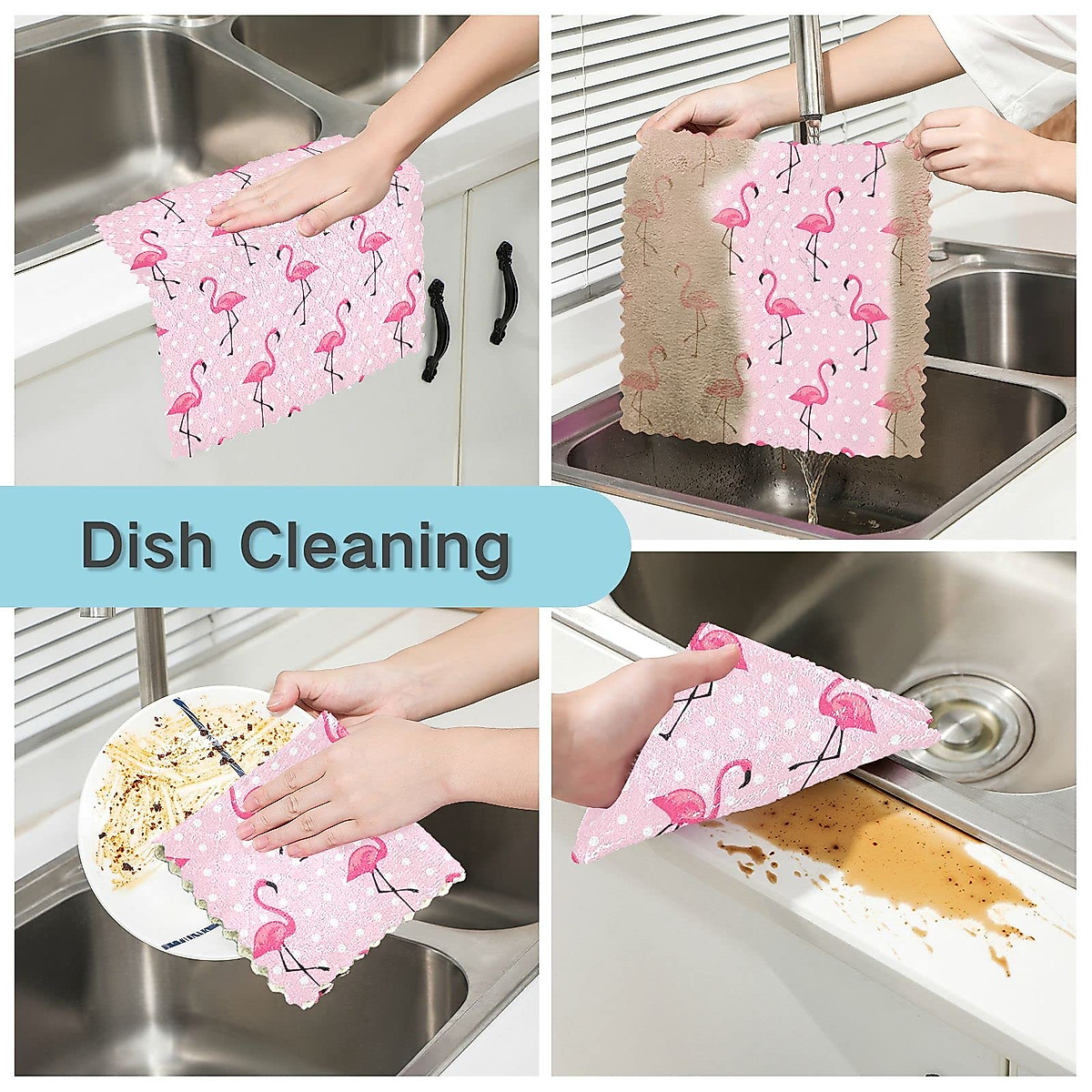 Kigai Pink Flamingos and Dots 11×11 Inches Polyester Flannel Six-Piece Multifunctional Kitchen Dishcloth Soft Absorbent Towel Dishcloth Tea Towel Square Towel