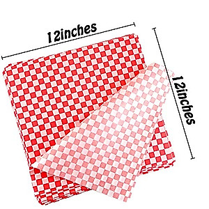 Hslife 100 Sheets Red and White Checkered Dry Waxed Deli Paper Sheets, Paper Liners for Plastic Food Basket, Wrapping Bread and Sandwiches
