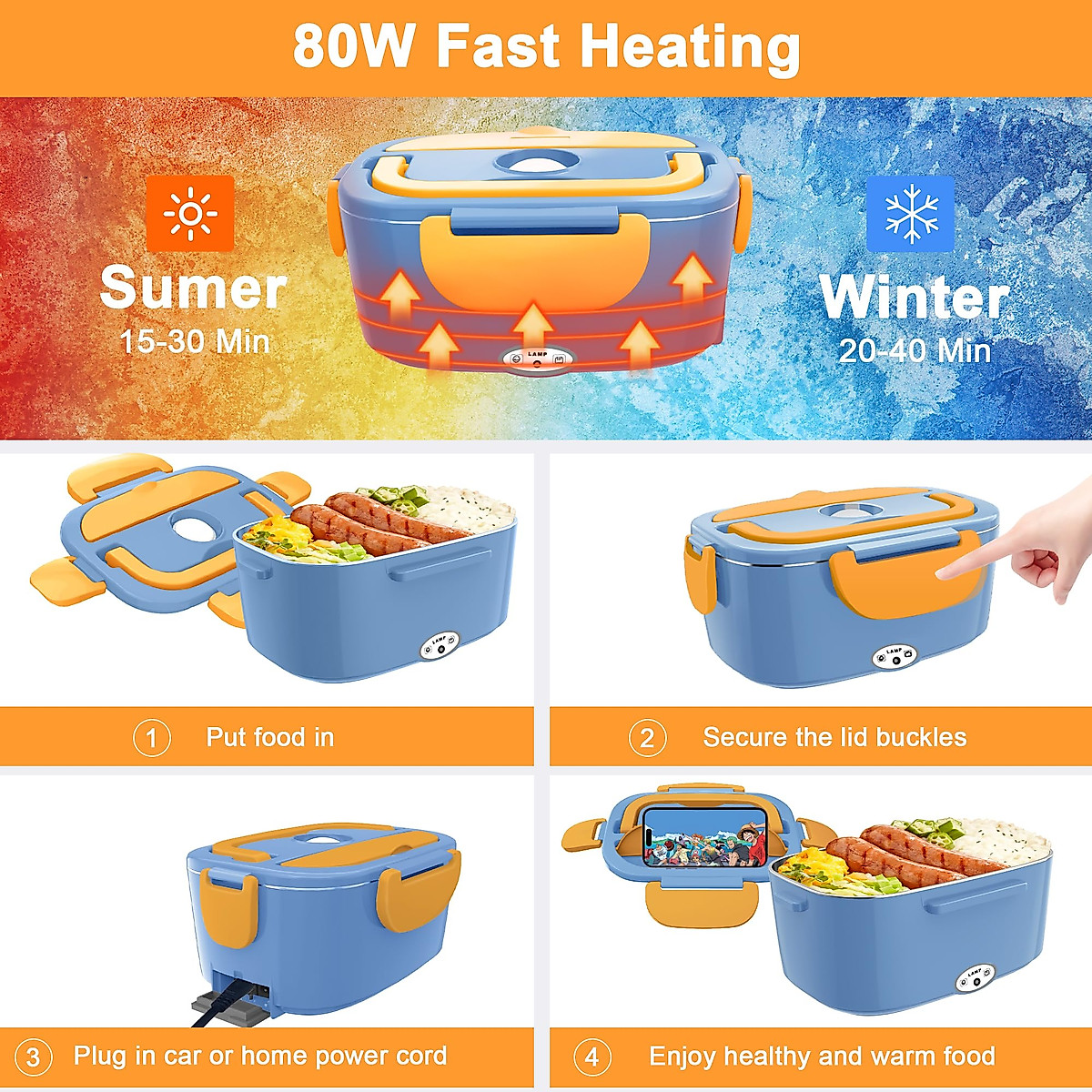 HOLDRUBY 75W Electric Lunch Box food heated 3 In 1 Portable Food Warmer Heater for Car/Truck/Home Heating Lunch Box with 1.5L 304 SS Container, Fork Spoon & Bag (Light Blue+Yellow)
