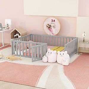 LZ LEISURE ZONE Full Size Platform Bed with Fence, Solid Wood Floor Bed Frame with Door, Full Size Daybed Fram, Gray