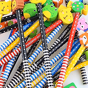 Etmact 50 Pack Assorted Colorful Cartoon Animal Pencil With Eraser Novelty Dot & Stripe Giant Eraser Topper Kids Pencils Kid Pencils Pencil With Eraser Animal Pens Pencils Bulk For Kids Animal Pencill