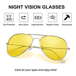 Night Vision Glasses Anti-Glare Polarized Aviator Night Driving Glasses for Men & Women (Silver Lightweight Metal Frame)