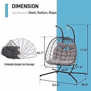 Patiorama 2 Person Double Egg Swing Chair with Stand Indoor Outdoor, Patio Wicker Rattan Hanging Egg Chair w/Cushion, Pillow, Foldable Hammock Chair 550lbs for Bedroom, Balcony, Garden (Light Grey)