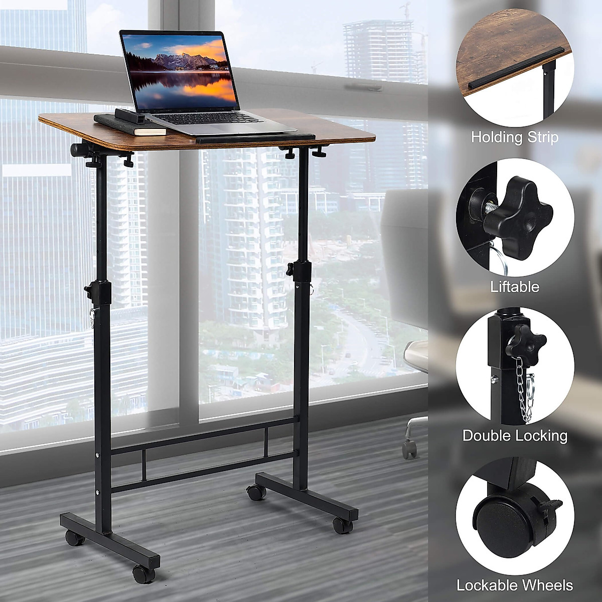 Small Standing Desk Adjustable Height,Rolling Computer Desk,Mobile Standing Desk with Wheels,Portable Stand Up Desk,Tall Computer Table,Adjustable Desktop Sit Stand Desk,Size 31.5x15.7 Inch Brownish C