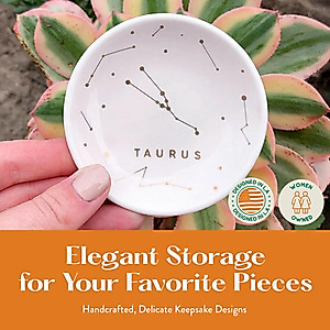 Lucky Feather Zodiac Ring Dish for Women – Glazed Ceramic Jewelry Tray with Astrological Constellation Depicted in Opulent Metallic Gold - Taurus