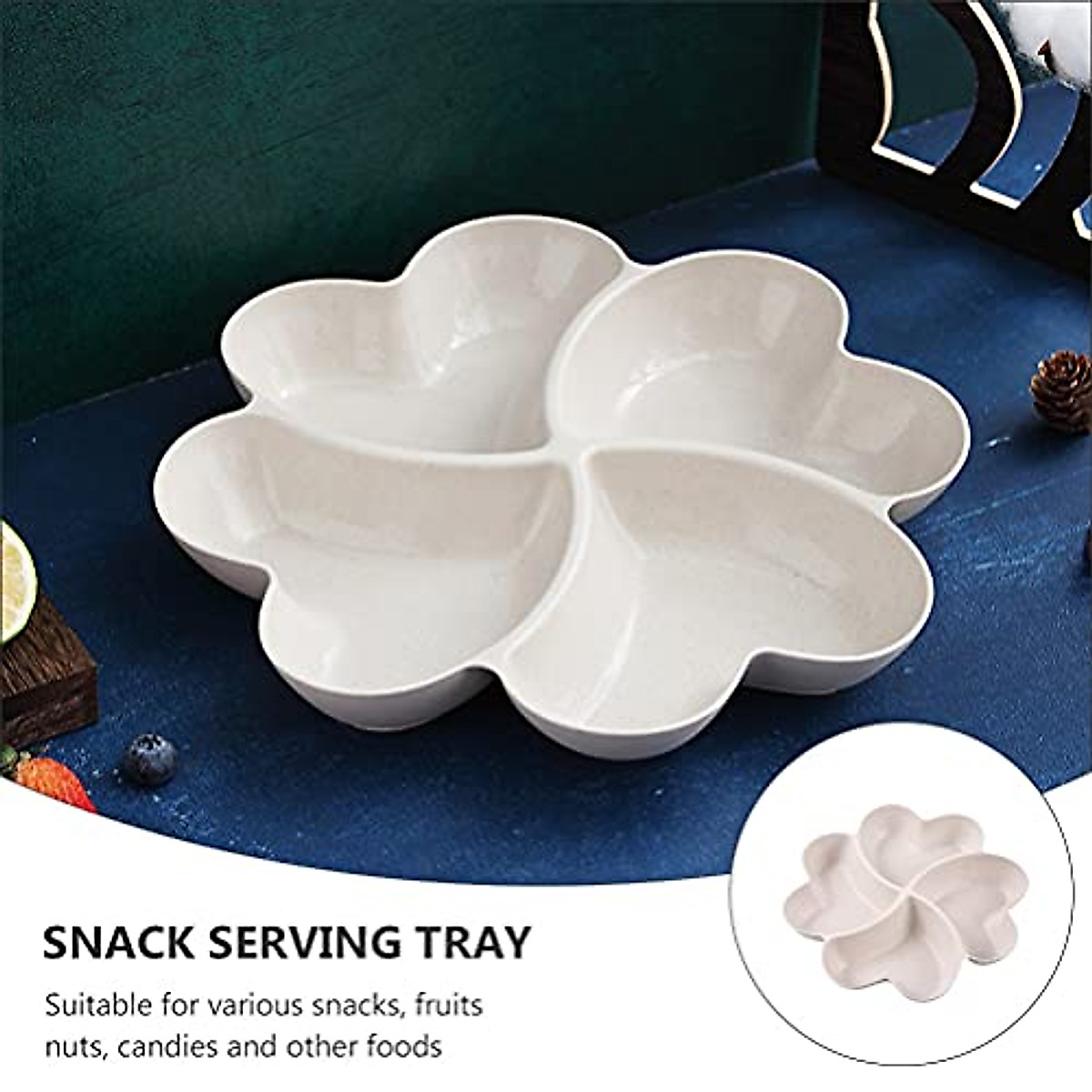DOITOOL Divided Serving Tray Wheat Straw Appetizer Serving Dish 4 Section Cake Dessert Condiment Snacks Fruits Tray Platter for Nuts Candy Chips Heart White