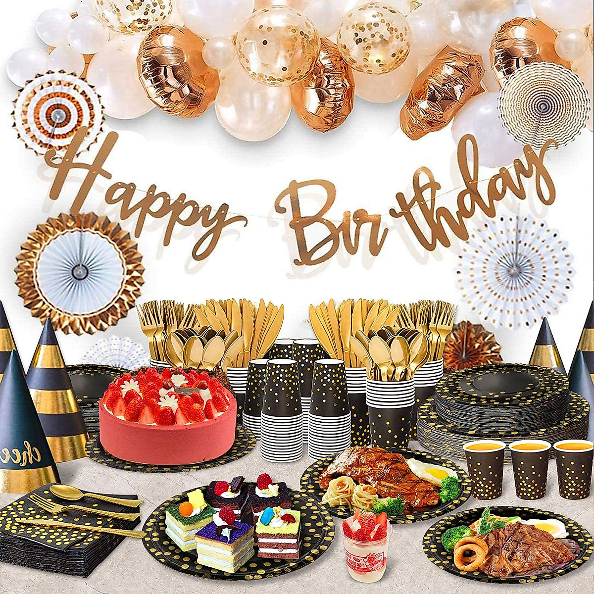 175PCS Black and Gold Party Supplies, Severs 25 Disposable Party Dinnerware, Gold Plastic Forks Knives Spoons and Golden Dot Black Paper Plates, Black Napkins Cups for Graduation, Birthday, Wedding