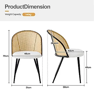 Bekrvio Rattan Dining Chairs Set of 2, Mid-Century Modern Kitchen Dining Room Chairs with Full Cane Backrest Armless Upholstered Farmhouse Boucle Dining Chairs with Metal Leqs for Dining Room, White