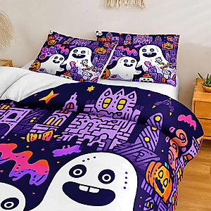 Chumerry Cute Ghost Duvet Cover Halloween Queen Bedding Set Orange Pumpkin Purple Castle Ghost Skull Halloween Decor Teens Kids Cute Graffiti Comforter Cover
