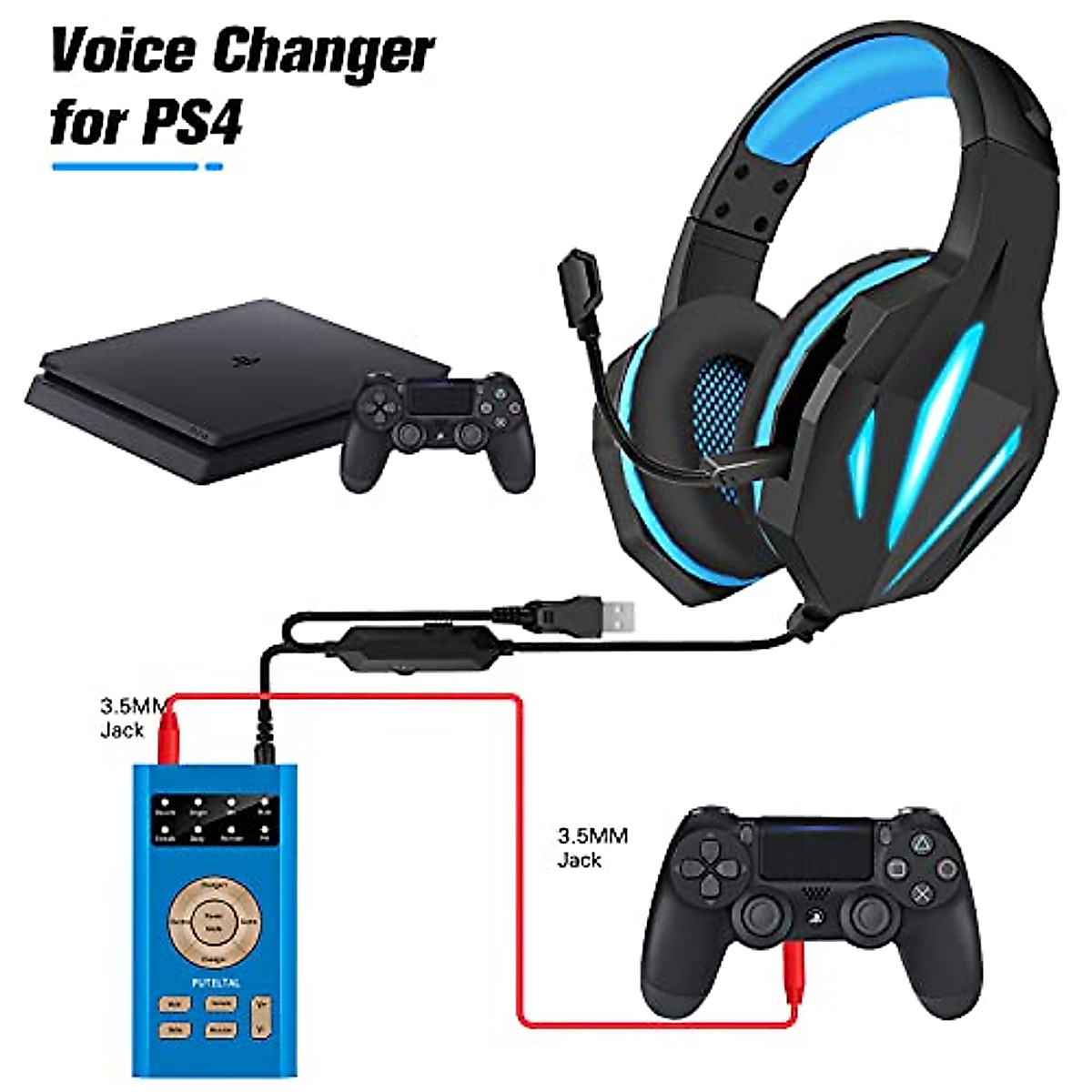 PUTELTAL Adjustable Gaming Voice Changer Disguiser for PS4/Xbox one/S/X/PS5/Computer/Laptop/Smart Phone & More-Blue