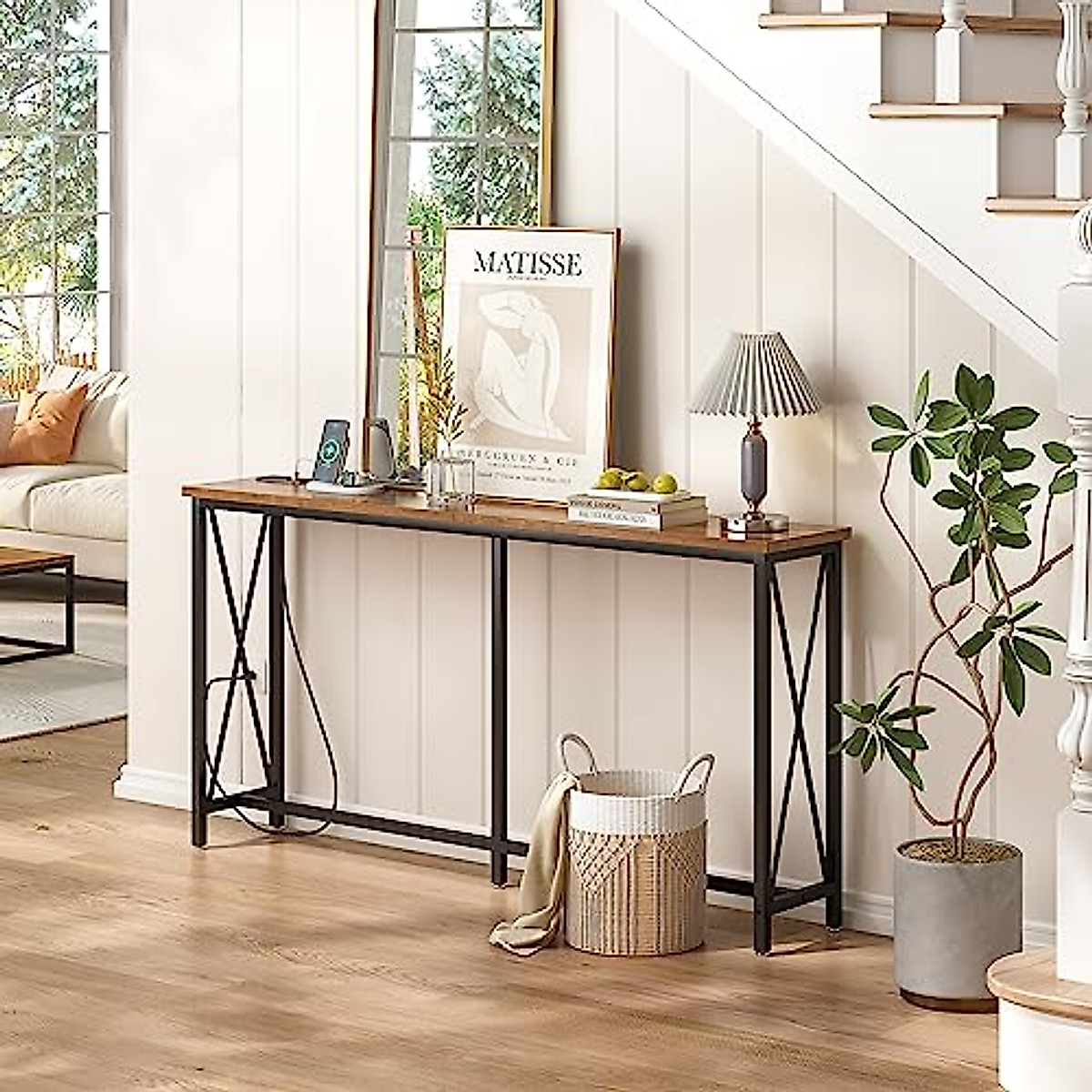 SUPERJARE Console Table with Outlet & USB Ports, 63 Inches Sofa Table with Charging Station, Narrow Entryway Table, Hallway Table, Behind Couch Table, for Living Room - Rustic Brown