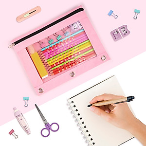 Sooez Pencil Pouch for 3 Ring Binder, 2 Pack Binder Pencil Pouch with Clear Window Pencil Bags with Zipper & Reinforced Grommets, Pencil Case for Binder Pink & Grey