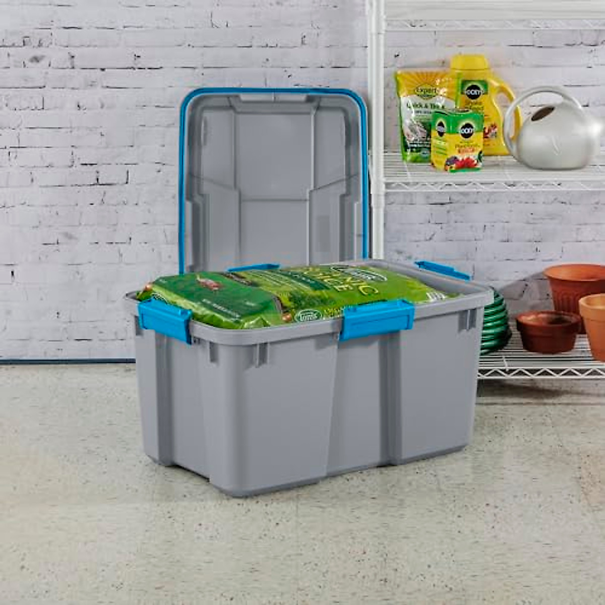 Sterilite 30 Gal Gasket Tote, Heavy Duty Stackable Storage Bin with Latching Lid, Plastic Container to Organize Basement, Gray Base and Lid, 3-Pack