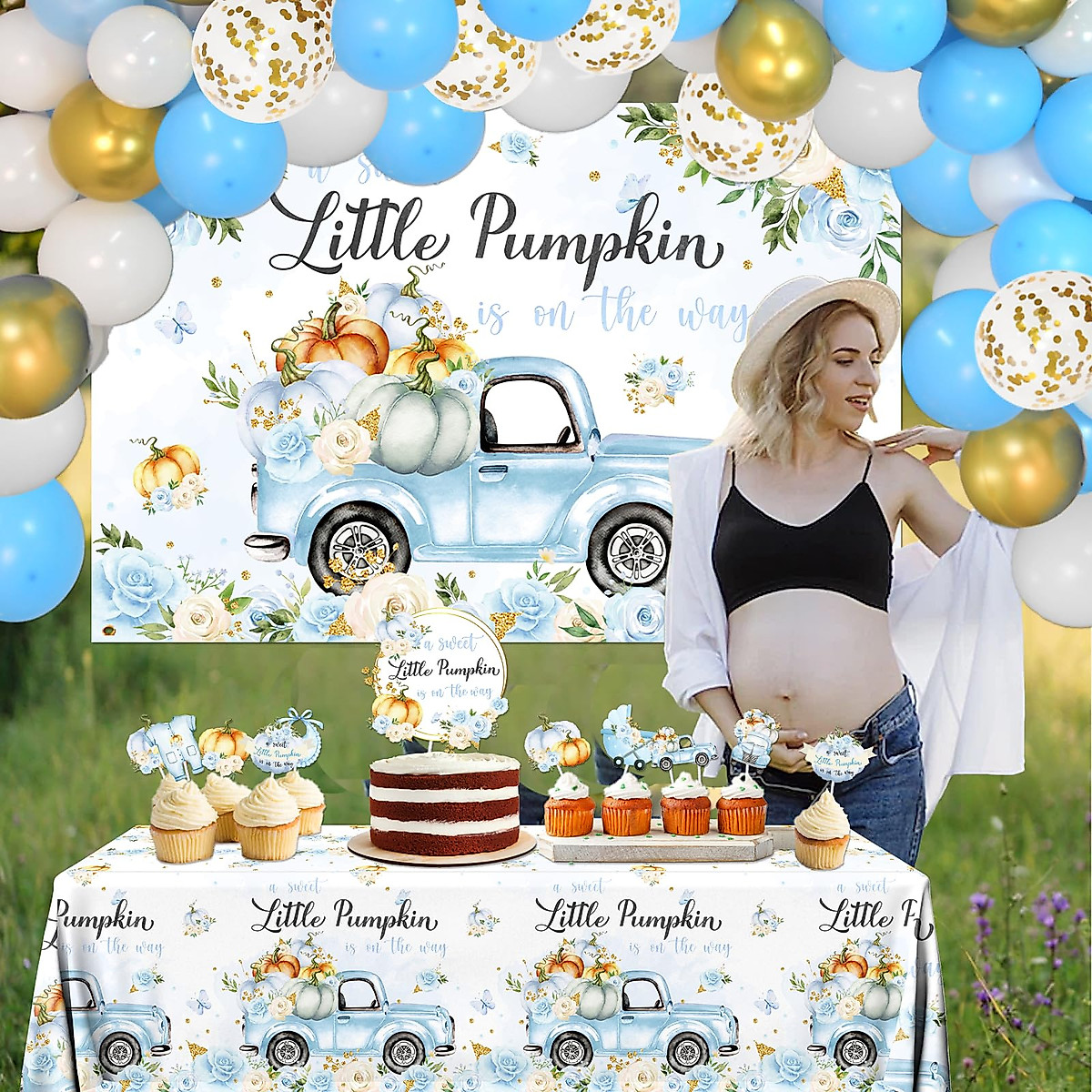Little Pumpkin Baby Shower Decorations for Boy, A Sweet Little Pumpkin Is on the Way Blue Backdrop Balloon Garland Kit for Fall Autumn Thanksgiving Baby Shower Background Party Supplies