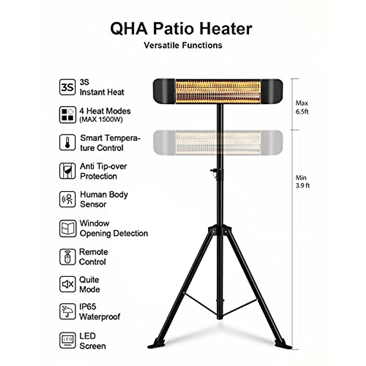 MAXOAK Infrared Patio Heater 1500W Electric Space Heater, Outdoor&Indoor Heater,IP65,Tip-over Protection,Remote Control,Stand/Wall/Ceiling Mounted for Bedroom,Balcony,Courtyard, Garage