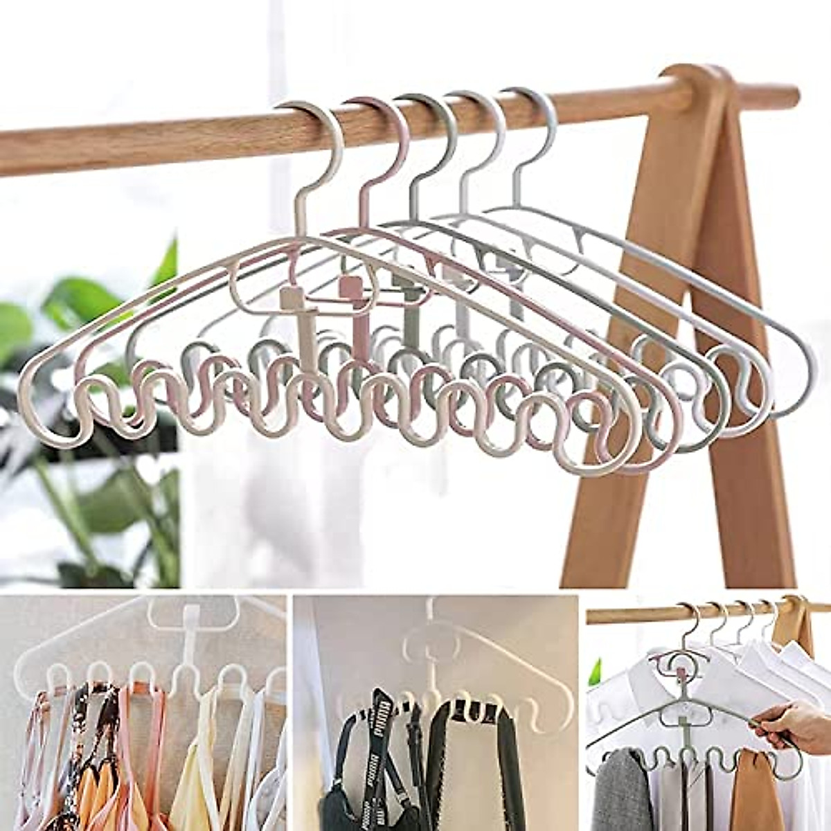 YOOUS Wave Pattern Stackable Hanger,Magic Multifunction Closet Hangers, Space-Saving Closet Organizers, for Slings, Scarves, Ties, Hangers, Closet Organizer Rack (Pink,5PCS)