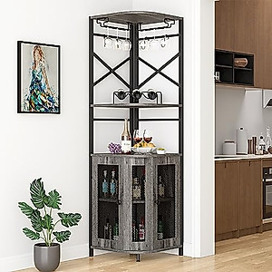 Osfvolr Bar Cabinet w/Wine Rack and Glass Holder, Corner Cabinet with Mesh Door, Corner Bar Cabinet with Adjustable Shelf, Liquor Cabinet Bar for Home, Black Oak, A2