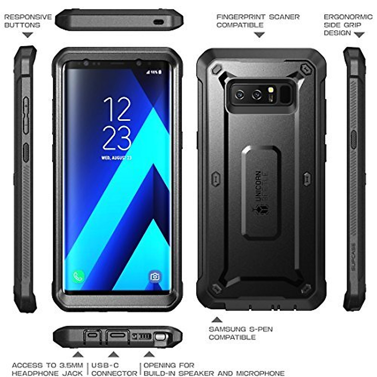 SUPCASE Unicorn Beetle Shield Series Case Designed for Galaxy Note 8, with Built-in Screen Protector Full-Body Rugged Holster Case for Galaxy Note 8 (2017 Release) (Black)