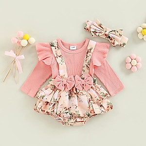 Mubineo Baby Girl Spring Fall Clothes Outfits Long Sleeve Lace Floral Romper Dress Newborn Outfit (Sc Pink, 0-3 Months)