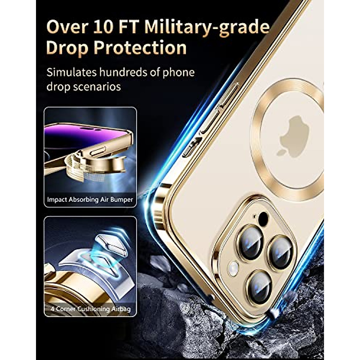 AICISINGN Magnetic Clear Case for iPhone 14 Pro Max with Full Camera Lens Protector Slim Soft TPU Military Grade Drop Protection Case Cover Compatible with MagSafe for Women Girls 6.7"-Gold
