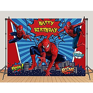 MengGeGe Cartoon Red Spiderman Photography Backdrop Super Cityscape Photo Background Baby Boys Girls Happy Birthday Supplies Superhero Party Banner Cake Table Decorations 8x6ft
