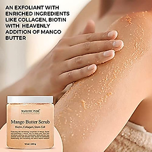 Majestic Pure Mango Butter Body Scrub - With Biotin, Collagen, Stem Cell - Exfoliating Salt Scrub to Exfoliate and Moisturize Skin - Deep Skin Cleanser - Natural Skin Care for Men and Women - 10 oz