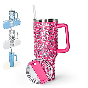 sweet grain 40oz Insulated Leopard Tumbler with Handle, Stainless Steel Coffee Hot Pink Tumbler with Lid and Straws,Double Vacuum Coffee Travel Mug Water Bottle for Office,Home, Party