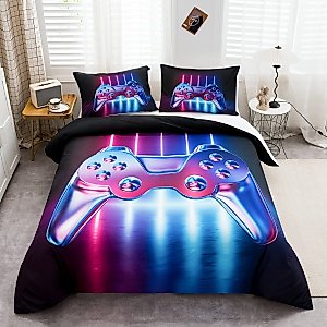Boys Gamer Bedding Set Twin Size,Kids Girls Gaming Comforter Cover Gamer Decor Duvet Cover for Teens Youth Modern Gradient Gamepad Bedspread Cover with 1 Pillowcase,Soft Neon Games Bedding Collection