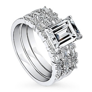 BERRICLE Sterling Silver Solitaire Wedding Engagement Rings 2.1 Carat Emerald Cut Cubic Zirconia CZ Art Deco Ring Set for Women, Rhodium Plated Size 5