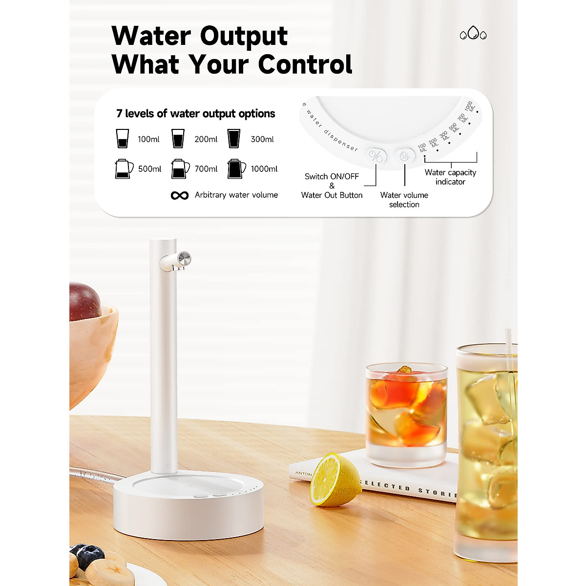 REJOMINE Water Dispenser for 5 Gallon Bottle, Smart 7 Levels Water Dispenser Countertop for Universal Bottles, Portable Desktop Water Pump for Outdoor, Automatic Water Jug Dispenser with Silicone Hose