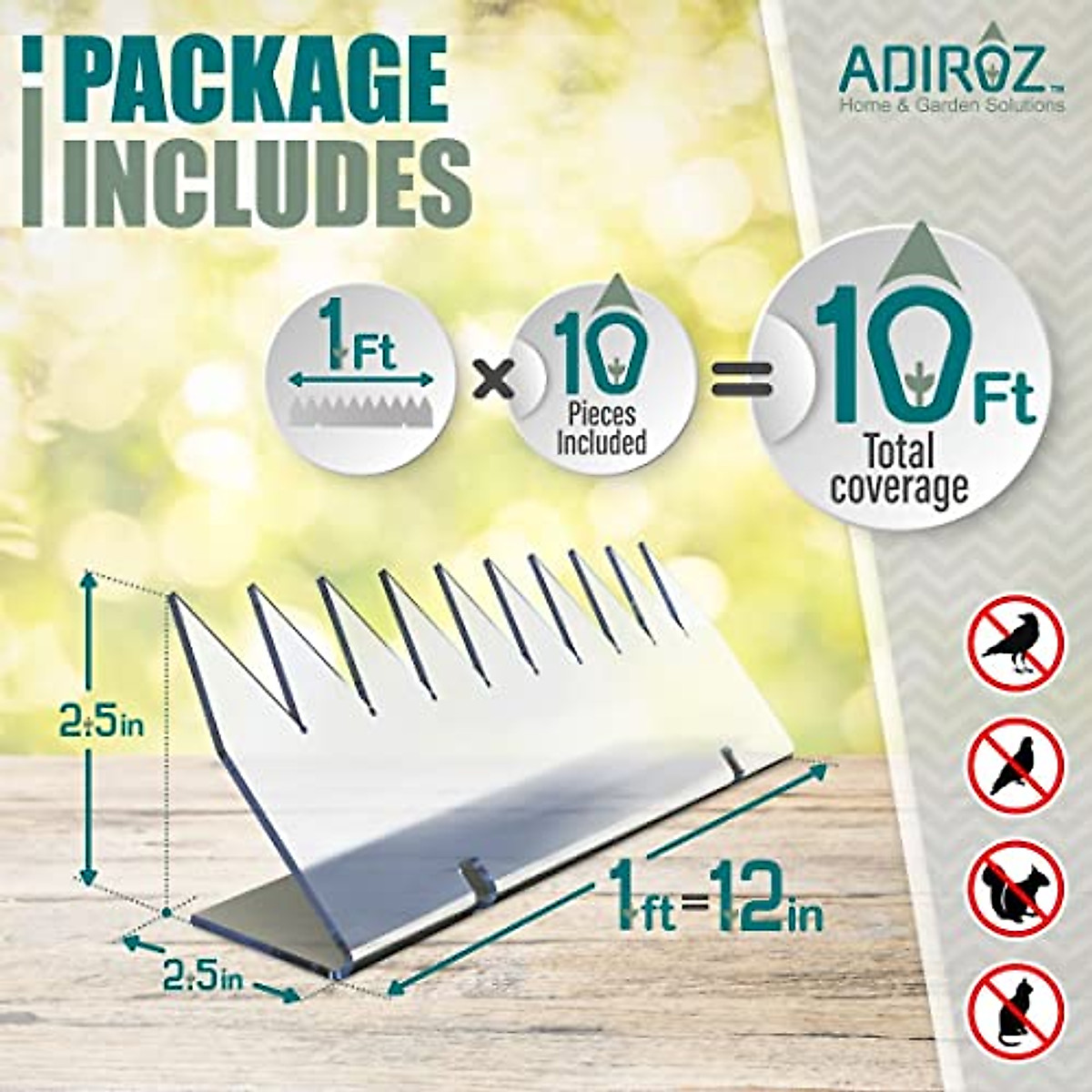 ADIROZ Clear Plastic Bird Spikes for Outdoors – Transparent Acrylic Garden Fence Animal Barrier to Keep Birds Away – Protect Your Home and Patio with a Humane Bird and Squirrel Repellent, 10 Ft.