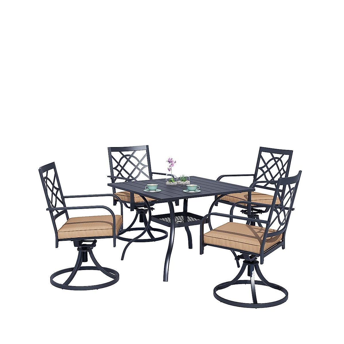 Omelaza 5 Pieces Patio Outdoor Dining Furniture Set, 4 Metal Swivel Chairs and 37" Square Bistro Table with Umbrella Hole, for Backyard, Patio, Lawn, Garden, Classic Black