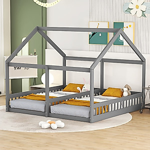 Twin House Bed for 2 Kids Wood Double Floor Beds Frame with Fence Railings Two Shared Beds for Boys Girls Teens, Twin Size, Gray