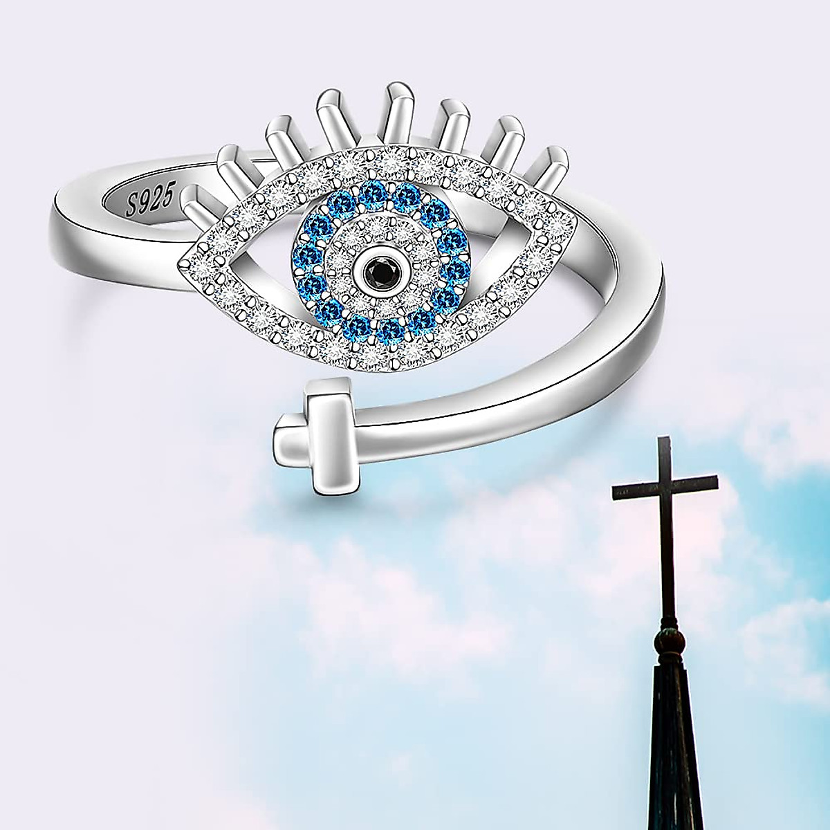 Cross Evil Eye Ring Sterling Silver Spiritual Turkish Third Evil Eye Cross Rings for Women Teen Greek Nazar Religious Adjustable Open Ring for Protection Size 9