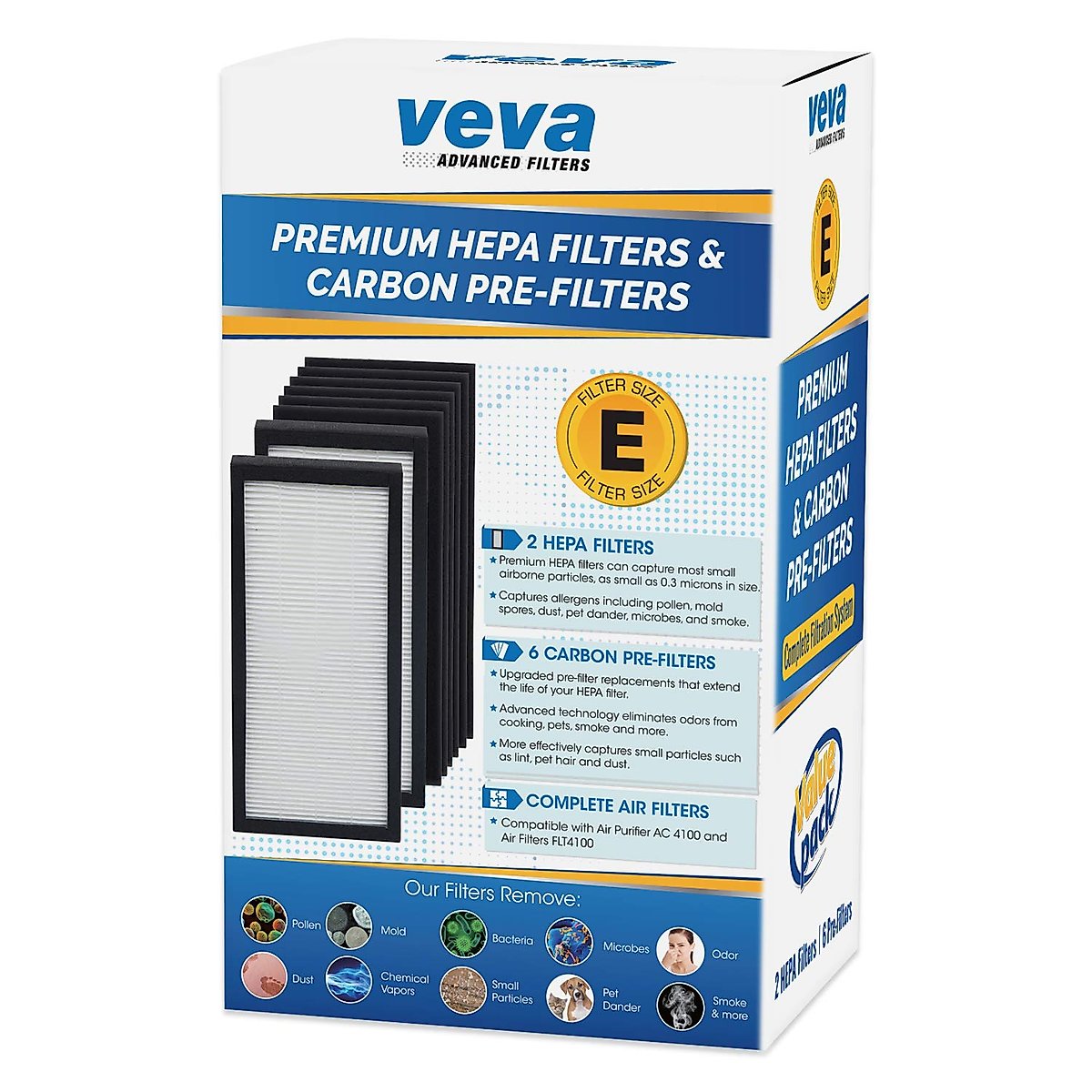 VEVA Premium 2 HEPA Filters and 6 Pack of Pre-Filters compatible with Air Purifier Models AC4100/AC4150BLCA and Replacement FLT4100 Filter E