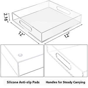Tasybox Acrylic Serving Tray, Clear Decorative Serving Trays with Handles for Kitchen Dining Room Table Ottoman Vanity Countertop 12" x 12"