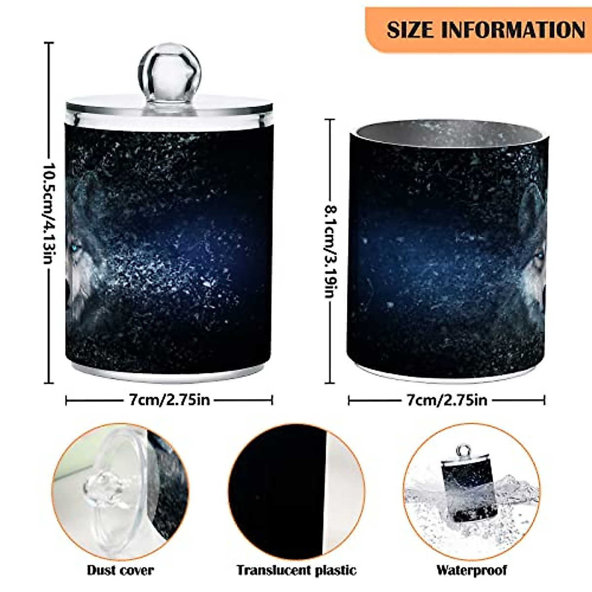 Blueangle 4 Pack Cute Wolf Qtip Holder Dispenser for Cotton Ball, Cotton Swab - Plastic Apothecary Jar Set for Bathroom Canister Storage Organization（1155）