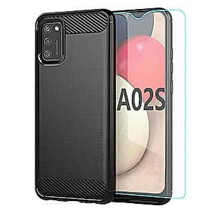 yuanming Samsung A02S Case,Galaxy A02S Case,with HD Screen Protector, Shock-Absorption Flexible TPU Bumper Cove Soft Rubber Protective Case for Samsung Galaxy A02S (Black Brushed TPU)