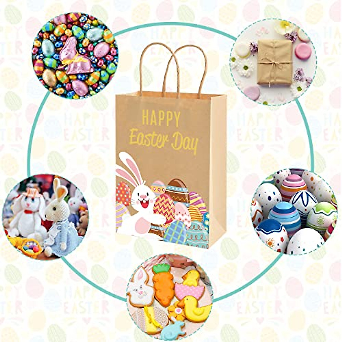 TOXOY Easter Kraft Gift Bags,18PCS Easter Paper Bags with Handles Easter Goodie Bags Bulk Easter Party Favor Bags for Candies Cookies Toys
