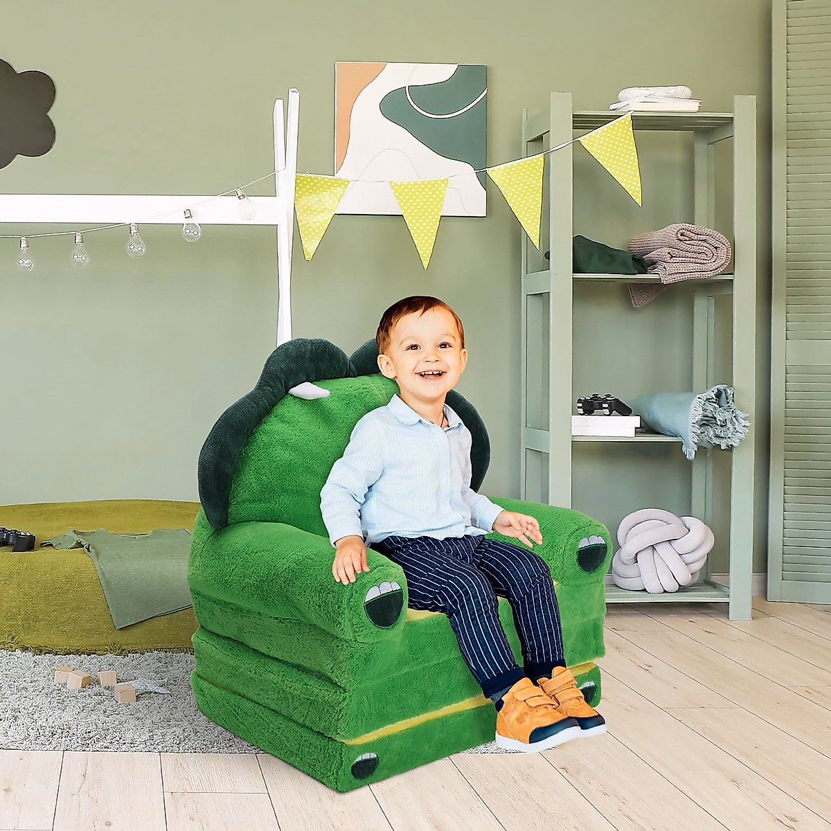 Foldable Kids Couch Toddler Backrest Armchair 2 In 1 Flip Open Sofa Bed for Chidren, Cartoon Comfy Soft Kids Chair, Steady Lightweight Toddlers Sofa Bed for Bedroom Livingroom Playroom Dinosaurs