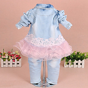 Yao Baby Girls Denim Clothing Sets 3 Pieces Sets T Shirt Denim Jacket and Jeans