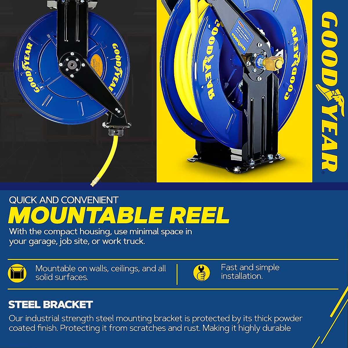 Goodyear Air Hose Reel Retractable 1/2" Inch x 50' Foot Long Premium Commercial Driven Sbr Hose Max 300 Psi Reinforced Steel Construction Heavy Duty Retractable Spring Industrial Dual Arm and Pedestal