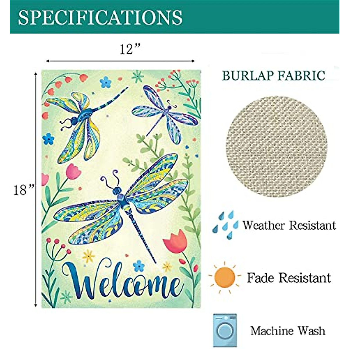 Spring Garden Flag with Welcome Quote , Burlap Double Sided Dragonfly Flower Yard Flags, Garden Flag Rustic Farmhouse Yard Outdoor Decoration (Dragonfly)