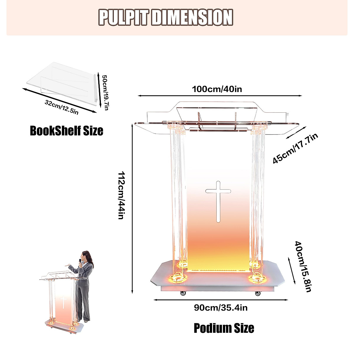 deenkk Cross Acrylic Pulpits for Churches, Clear Church Podium with 16 Colors Led Lights & Wheels, 46” Acrylic Podium with Incline Reading Platform for Church Wedding Concert Speech Classroom