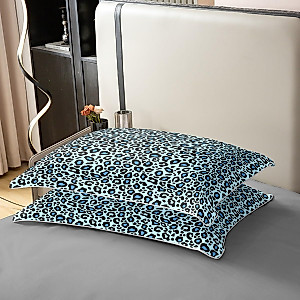 Castle Fairy Leopard Cheetah Pattern Duvet Cover Set 100% Natural Cotton Twin Size Leopard Print Blue Super Soft Bedding Set 2 PCS Wild Animal Skin Cotton Comforter Cover for Bedroom Decor