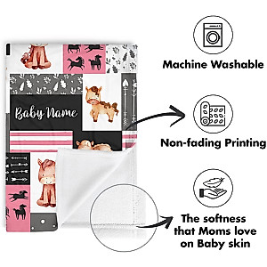 Ruby Star Personalized Baby Blanket for Girl, Cozy Plush Fleece Blanket, Custom Baby Name, Includes Baby Onesie and BIB, Bankets for Kid (Horse Woodland) Full